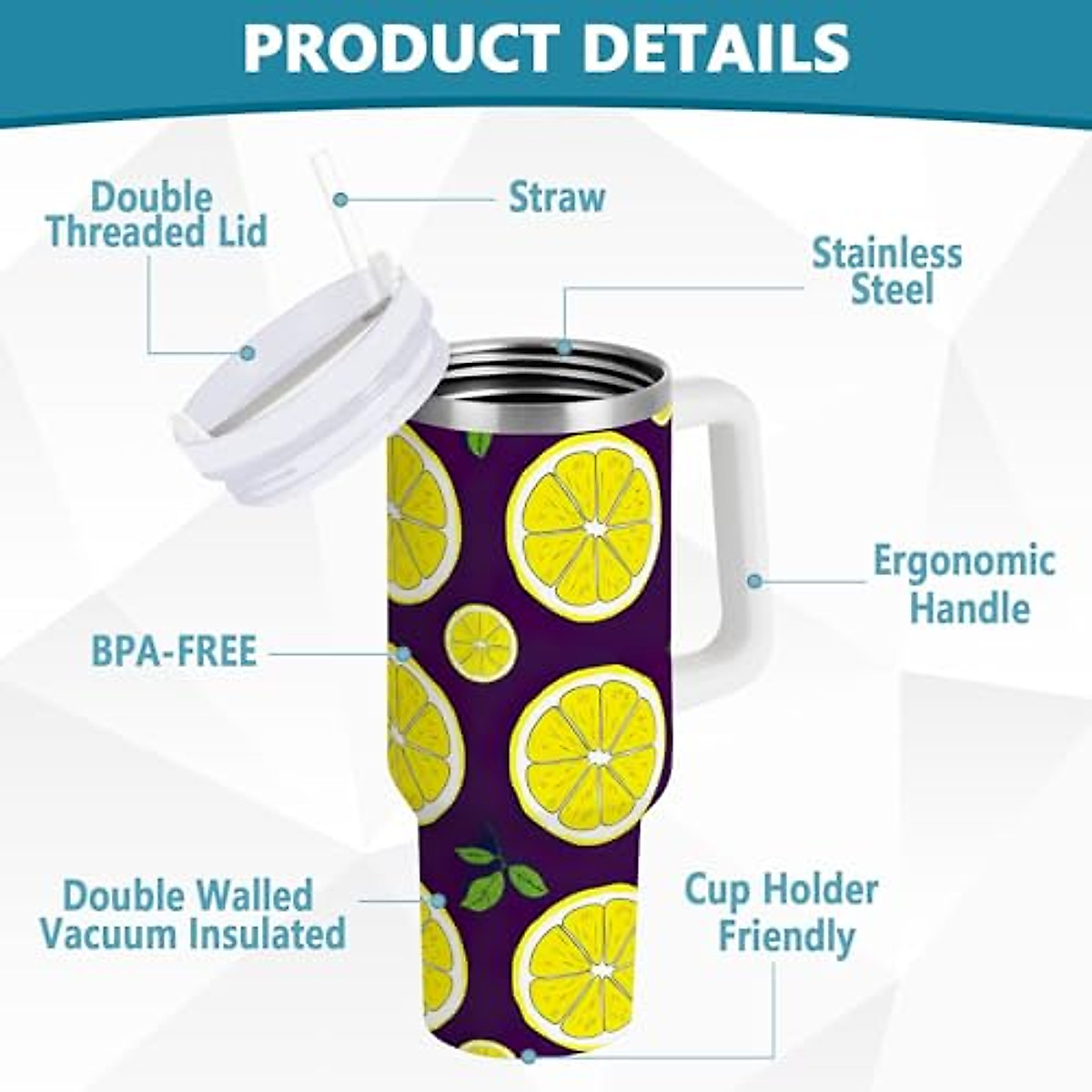 Lemon Purple Stainless Steel Insulated Tumbler with Straw and Handle for Water, Tumbler Insulated 30 OZ / 0.89 L