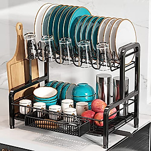romision Dish Drying Rack and Drainboard Set, 2 Tier Large Stainless Steel Sink Organizer Dish Racks with Cups Holder, Utensil Holder, Dish Strainer Shelf for Kitchen Counter, Black