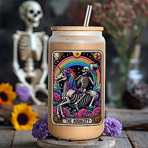 Fairy's Gift the Audacity Iced Coffee Cup, Cute 16 oz Frosted Glass Cup with Lid Straw, Christmas Funny Skull Cups, Sarcastic Skeleton Glass Tumbler, Cool Birthday Witchy Gifts for Women Tarot Lovers