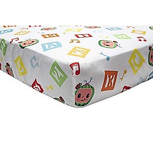 CoComelon 4 Piece Toddler Bedding Set - Includes Quilted Comforter, Fitted Sheet, Top Sheet, and Pillow Case - Letters and Music Design