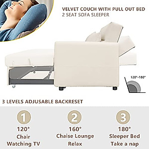 Aoowow Convertible Sleeper Sofa Bed 57 Inches, Velvet 2 Seats Sofa with Pull Out Bed,Loveseat Sofa Couch with Adjustable Backrest, 2 Pillows Side Pocket for Living Room Small Apartment (Beige)