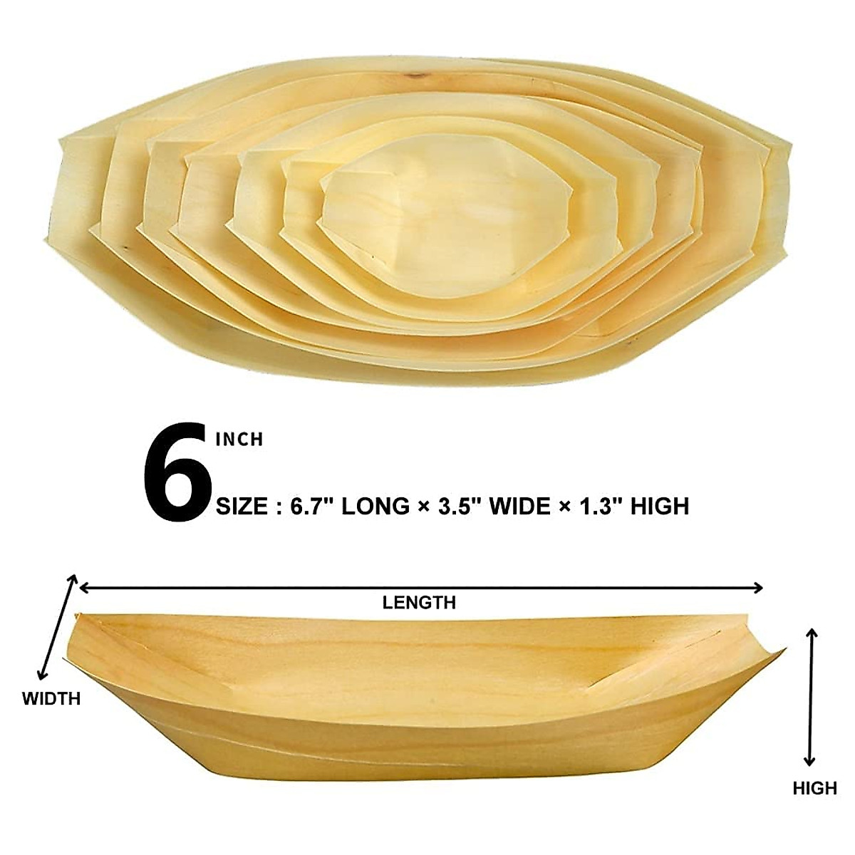 YESTOO Disposable Wood Serving Boats Plates Trays,100 Pack 6" Sturdier Than Bamboo, Biodegradable and Compostable Bowls (100, 6 INCH)