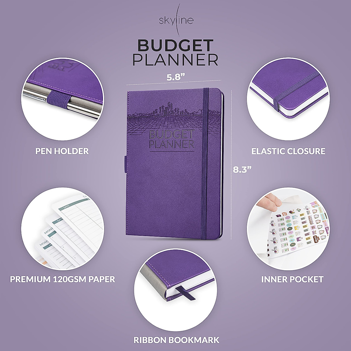 Skyline Budget Planner – Undated Monthly Budgeting Book & Money Expense Tracker – Financial Notebook to Track Personal & Household Finances – Simple Budget Journal – A5 Size, Hardcover (Purple)