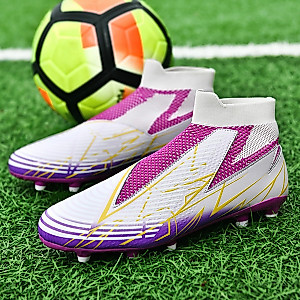 Mens Womens High-Top Soccer Cleats, Teen Football Training Shoes, FG/TF Athletic Shoes Competition & Training for Boys and Girls (Purple,10.5,Women,Men,Medium,9.5)