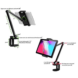 Aluminum Long Arm Tablet Stand Mount Compatible with iPhone/iPad/iPad Mini/iPad Pro 12.9" Any Phone/Tablets 4-13 inch,360° Swivel with Bracket Cradle for Home, Office,Kitchen and Bed-Black