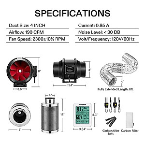 VIVOSUN 4 Inch 190 CFM Inline Fan with Speed Controller, 4 Inch Carbon Filter and 8 Feet of Ducting, Temperature Humidity Monitor for Grow Tent Ventilation
