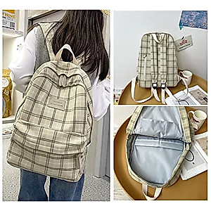 Aesthetic Backpack Kawaii Casual Plaid Daypack Preppy Backpack Back to School Light Academia Bookbags for Girls (Beige) One Size