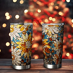 ORCAE 20oz Beautiful Colorful Daisy Flower, Stained Glass Style Flowers, Yellow Flower Tumbler Cup, Insulated Travel Mug with Lid, Coffee Thermos for Men, Women, Gifts for Women - C