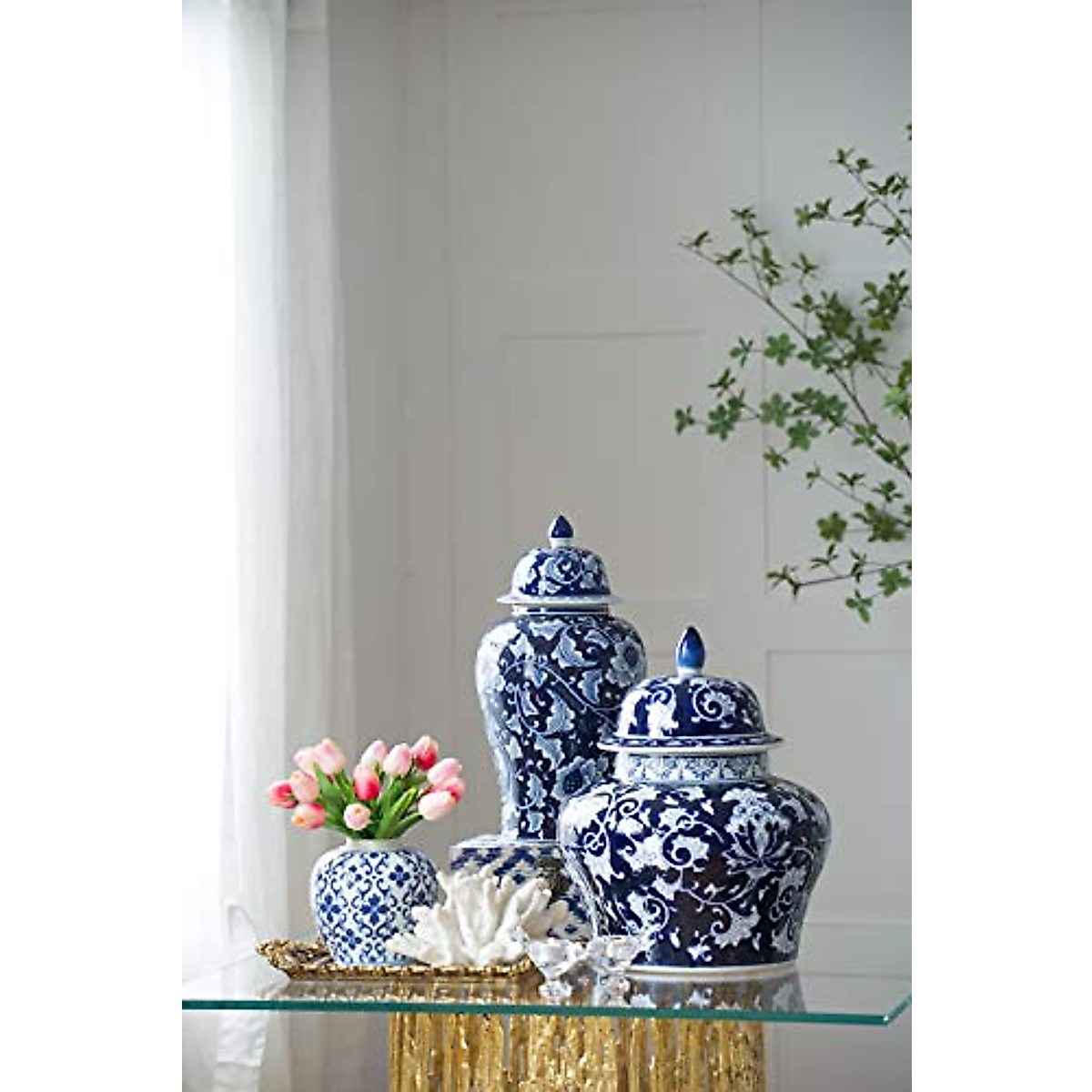 A&B Home 18" Porcelain Decorative Jar with Lid Blue White Floral Print Vase Ginger Jar Centerpiece Decor
