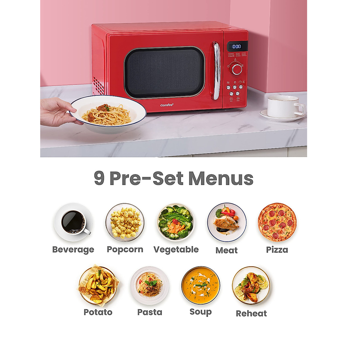 COMFEE' 1.6 Cubic Feet Solo Series Retro Refrigerator Sleek Appearance HIPS Interior, Energy Saving, Adjustable Legs & Retro Small Microwave Oven With Compact Size, 9 Preset Menus, Position-Memory