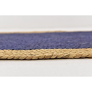 Unique Loom Braided Jute Collection Classic Quality Made Natural Hand Woven with Solid Color Detail, Area Rug, Runner 2' 6" x 6' 0", Navy Blue/Tan