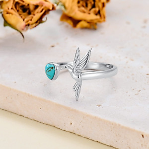 BETHZA Turquoise Hummingbird Rings for Women 925 Sterling Silver Genuine Heart Turquoise Adjustable Hummingbirds Ring Jewelry Gift for Birthday Christmas