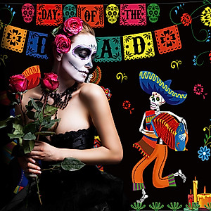 Day of The Dead Party Supplies, 6 x 3.6 ft Extra Large Fabric Day of The Dead Backdrop Banner for Halloween - Party Decoration Photo Booth Backdrop Skull Background Banner