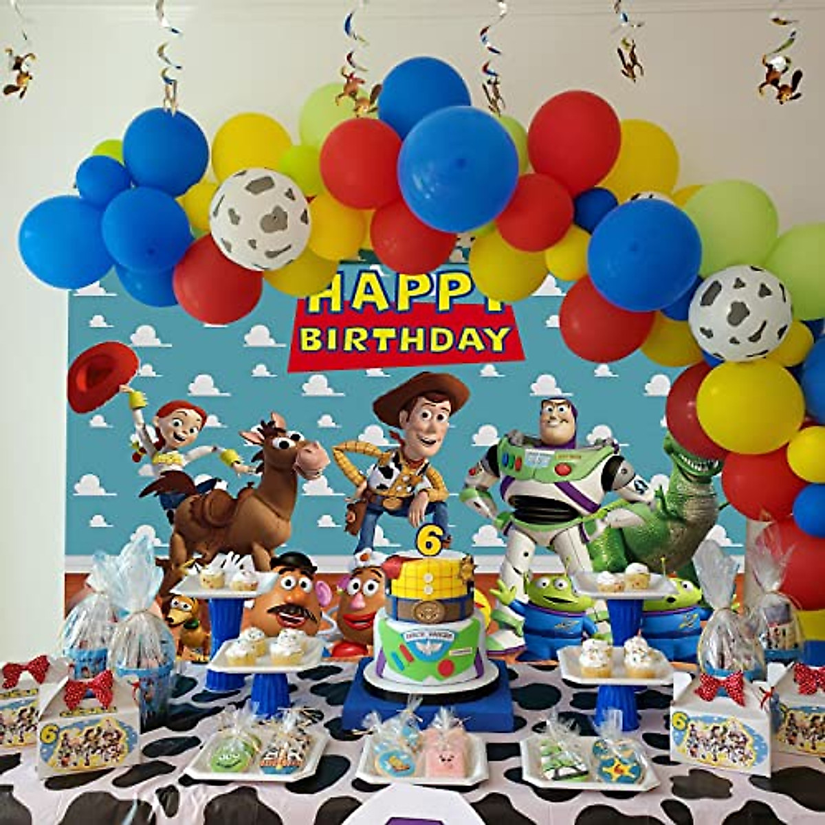 Cartoon Birthday Photography Backdrop Blue Sky White Clouds Birthday Cake Table Decoration Backdrop Kids Cartoon Story Theme Party Backdrop Baby Shower Decoration Supplies 5x3ft, Multicolor, 1.5X0.9M