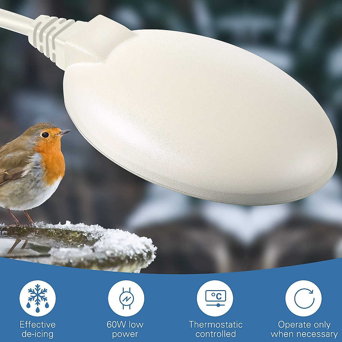 Bird Bath De-icer Heater with Aluminum Base, Outdoors Pond De-icer 60 Watts for Winter Deicer, Birdbath Deicer Water Heater Thermostatically Controlled for Patio Yard and Lawn (Solid Color Style)