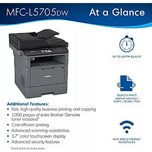 Brother MFC-L5705DW All-in-One Wireless Monochrome Laser Printer, Print&Copy&Scan&Fax, 42ppm, 1200x1200dpi, 3.7” Color Touchscreen Display, Duplex Printing, 50-Sheet ADF, Lanbertent Printer Cable