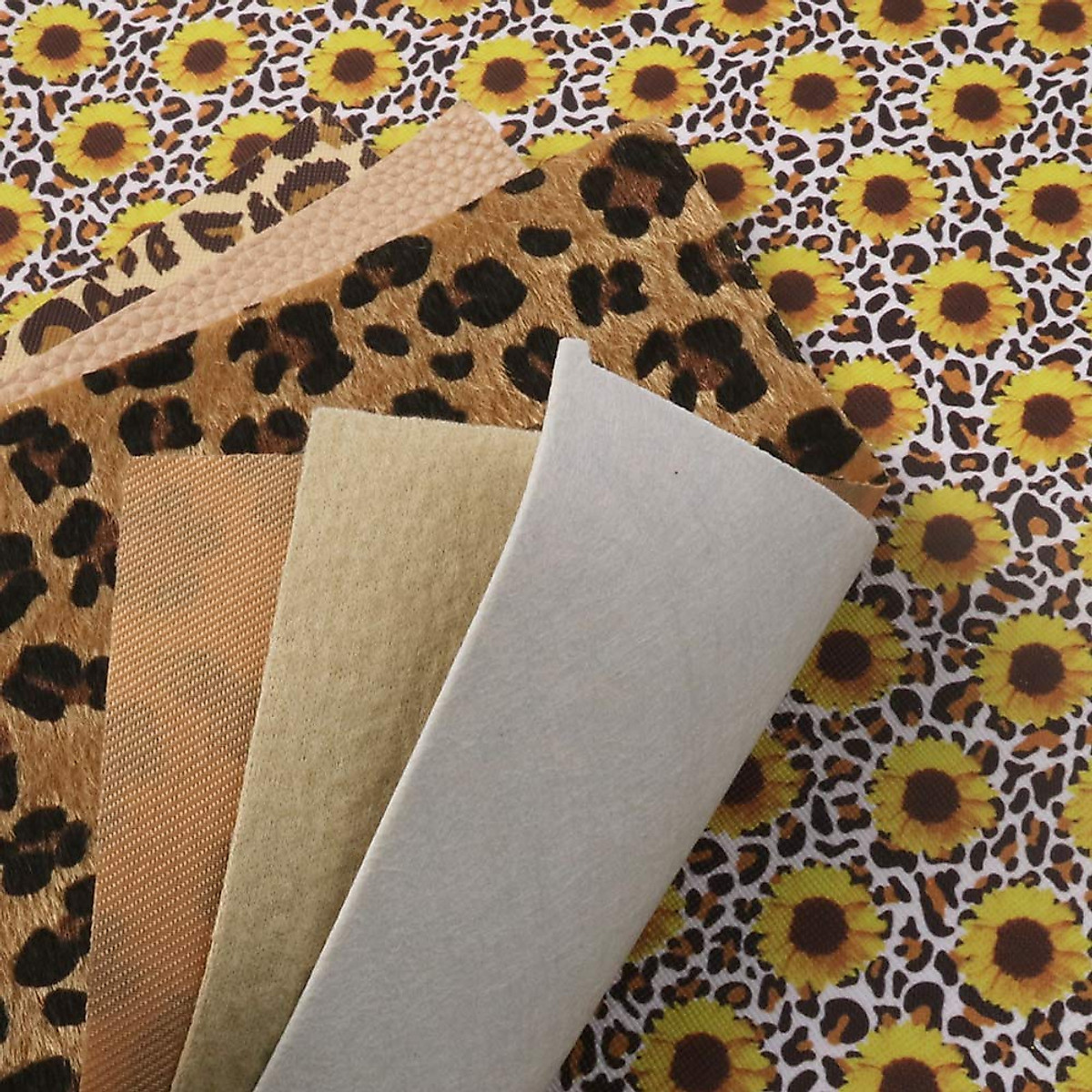 David angie Leopard Sunflower Printed Faux Leather Sheet Mixed Synthetic Leather Sheets Assorted 6pcs 7.7" x 12.9" (20 cm x 33 cm) for Earrings Hair Bows Making (Assorted)