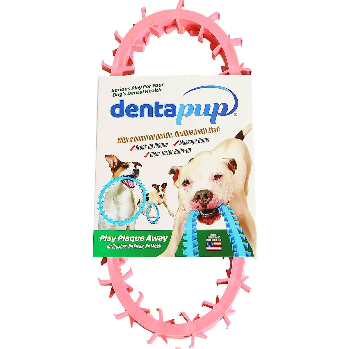 DentapupⓇ Dental Dog Toy Cleaning Teething Chew Ring with Teeth for Medium to Large Breed Dogs - Tartar & Plaque Remover, Gum Massager & Mouth Cleaner for Fresh Breath, Made in USA - Pink