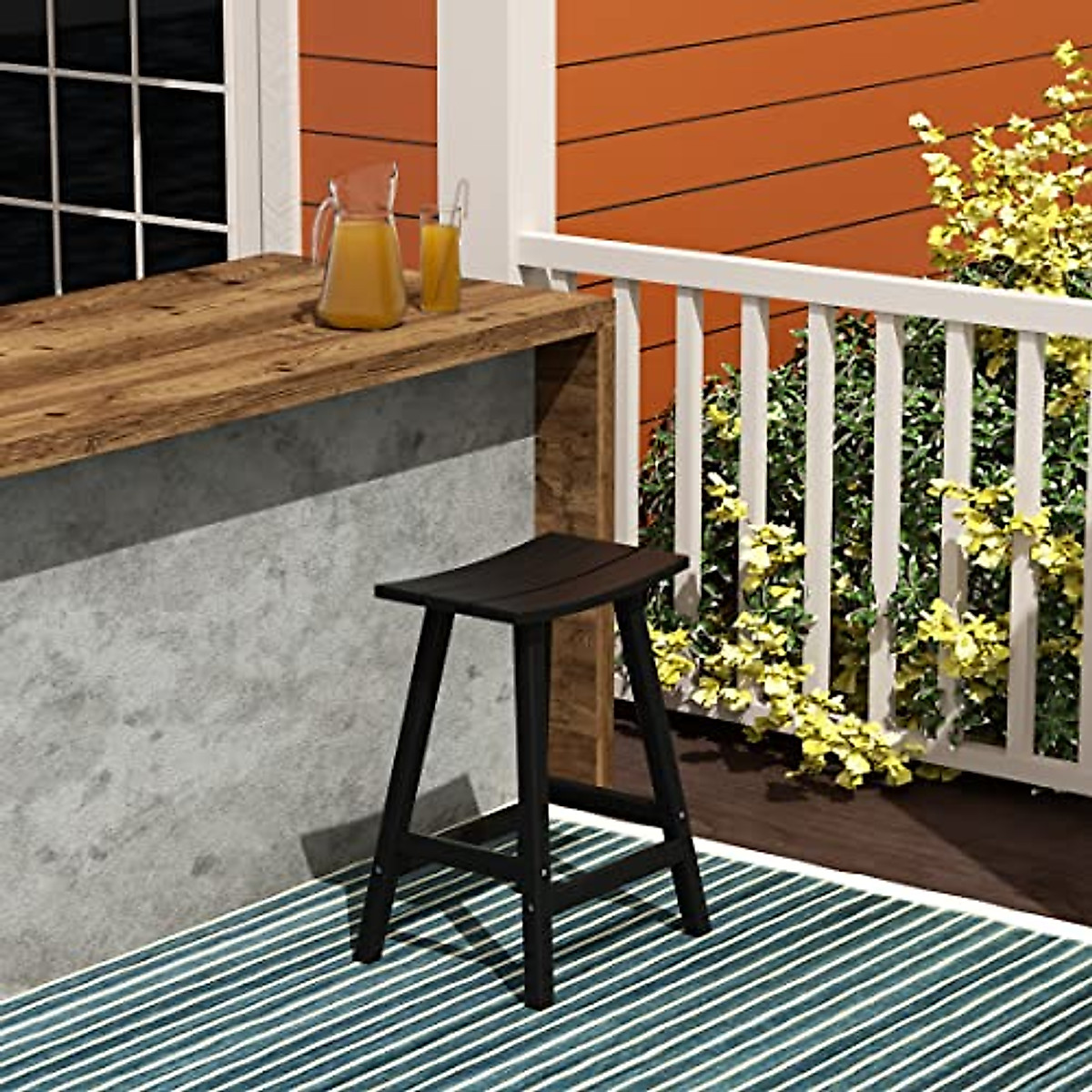 WO Home Furniture Saddle Stool 24"-Inch Adirondack HDPE Backless Patio Kitchen Counter Stool Seat (Black)