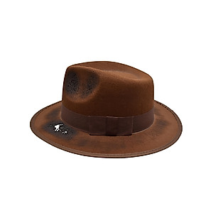 Nicky Bigs Novelties Tattered Burned Brown Fedora Hat - Scary Nightmare Creeper Hats - Cosplay Halloween Costume Accessory, Brown, Large