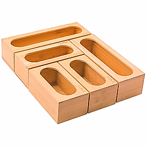 Surkat Ziplock Bag Storage Organizer, Food Storage Bag Organizer for Drawer, 5 Separate Bamboo Baggie Organizer for Ziplock Bag, Compatible With Gallon, Quart, Sandwich and Snack Variety Size Bag