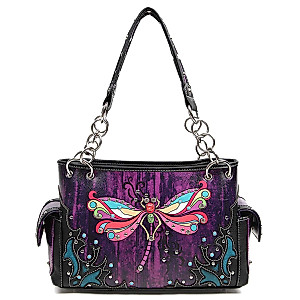 Colorful Dragonfly Western Style Spring Rhinestone Studded Purse Leather Country Handbag Women Shoulder Bag Wallet Set (#2 Purple)