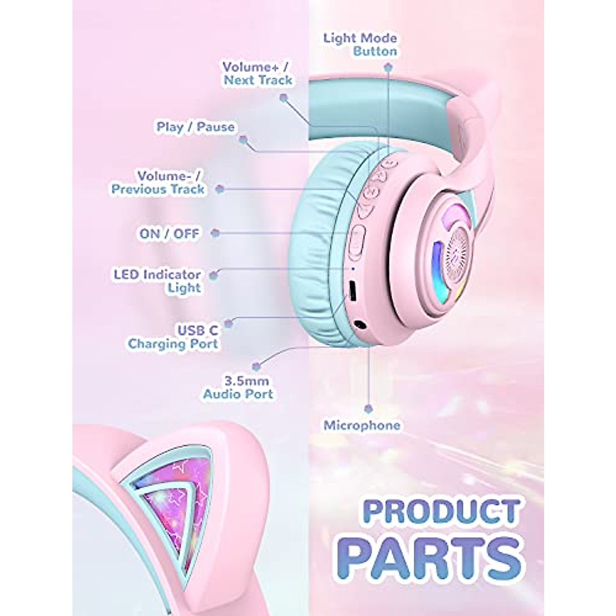 iClever Cat Ear Kids Bluetooth Headphones,LED Light Up On Ear Kids Wireless Headphones with Mic,74/85/94dB Volume Limited,50H Playtime,Bluetooth 5.2,Pink Headphones for iPad/Tablet/PC/Travel,BTH13