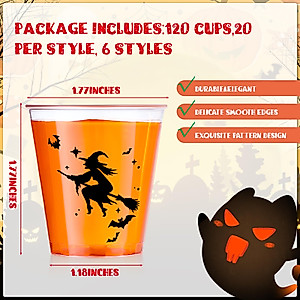 Roshtia 120 Pieces Halloween Plastic Shot Glasses Disposable Cups 2oz Pumpkin Ghost Witch Bat Printed Plastic Cups for Halloween Party Supplies Beverage Ice Cream Snacks Candy Favors, 6 Styles