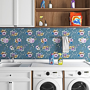 ReWallpaper Blue Floral Peel and Stick Wallpaper - Boho Modern Flower Pattern - Self Adhesive Contact Paper - Bod Wallpaper for Bedroom Bathroom 17.5inx10ft