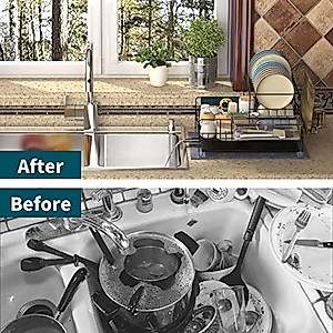 slhsy Removable Design 2 Tier Dish Drying Rack/Strainers with Drainboard, Swivel Spout, Cup & Utensil Holder and Drying Mat for Kitchen Counter, Black