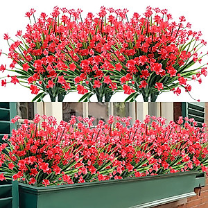 TEMCHY Artificial Outdoor Flowers, 8 Bundles Fake UV Resistant Foliage Greenery Faux Plants Shrubs Plastic Bushes for Indoor Outside Hanging Planter Wedding Farmhouse Decor (Red)