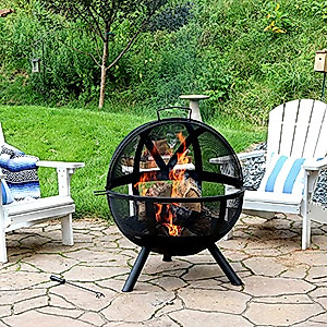 Sunnydaze Flaming Ball 30-Inch Wood-Burning Steel Fire Pit with Protective 200D PVC Cover and 16-Inch L Poker - Black