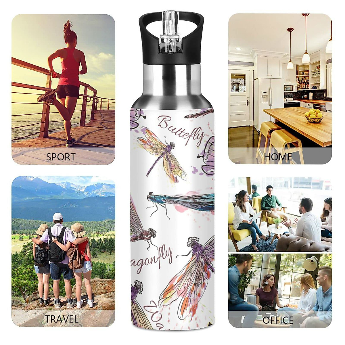 GOODOLD Insect Dragonfly Stainless Steel Water Bottle, 32oz Vacuum Insulated Sports Water Bottle with Straw Lid, BPA Free, Leakproof, Double Walled, Perfect for Gym and Outdoor