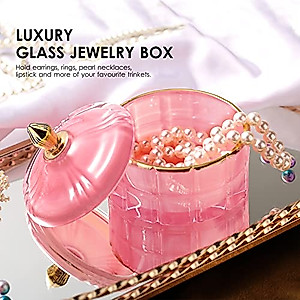 ALAMHI Glass Candy Dish Decorative Bowl, Apothecary Jars with Lids Bathroom Glass Jars for Cotton Ball or Cotton Swab Jewelry Storage Boxes with Lids, Crystal Pink Gifts for Women Coquette Room Decor…