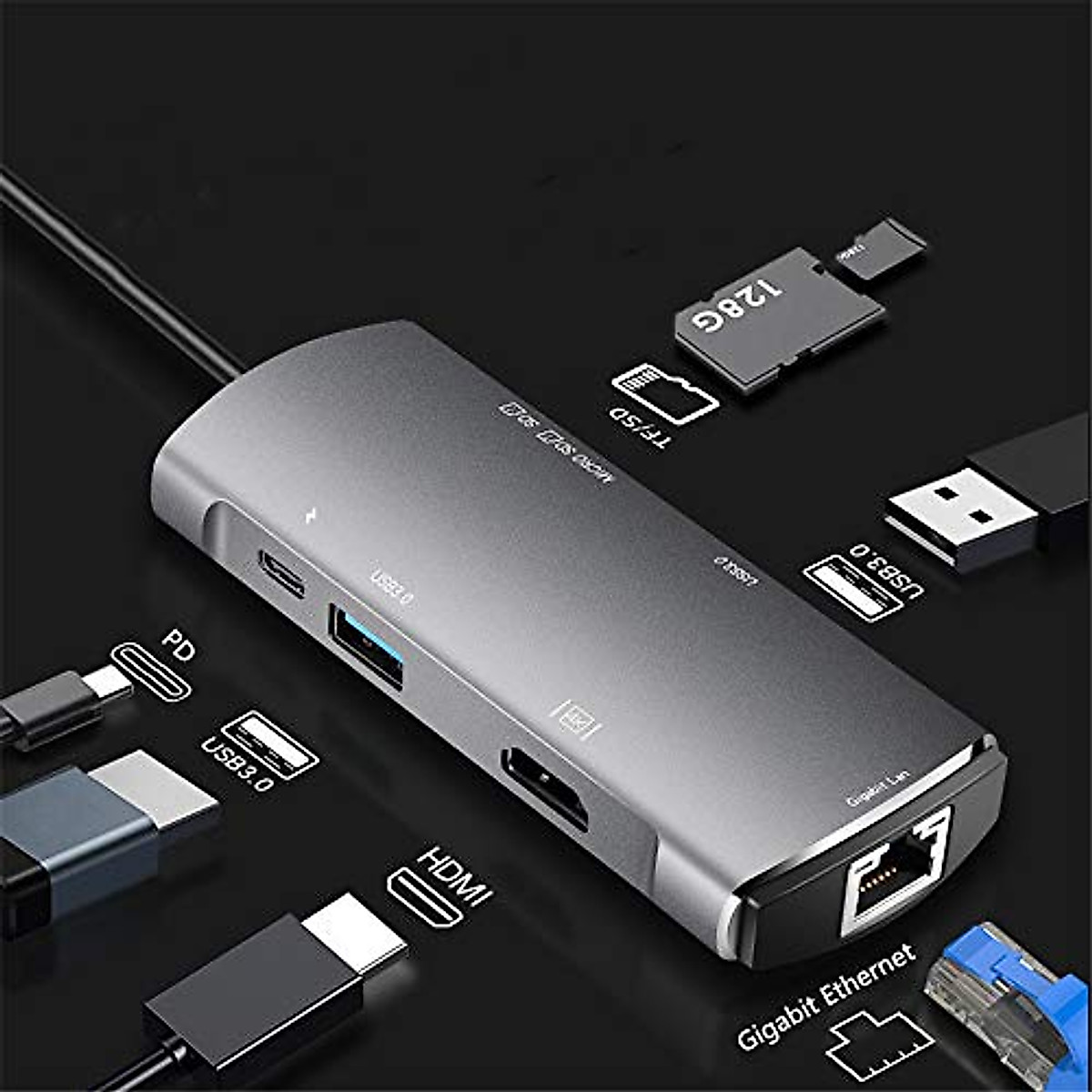 ZPLJ High-Speed 7-in-1 Ultra Slim Data Hub with Ethernet Port 4K HDMI 2 USB 3.0 Ports PD Charging Dual Support SD TF Card Reader Compatible for Flash Drive Laptops USB Hub Adapter Portable