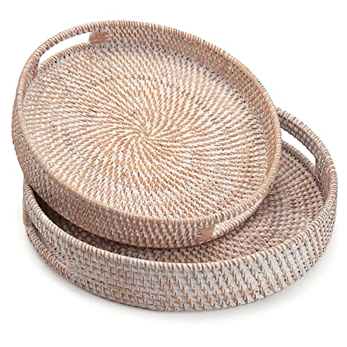 Round Rattan Serving Tray Decorative Woven Ottoman Trays with Handles for Coffee Table White (Small 11.8 inch x 2.4 inch)