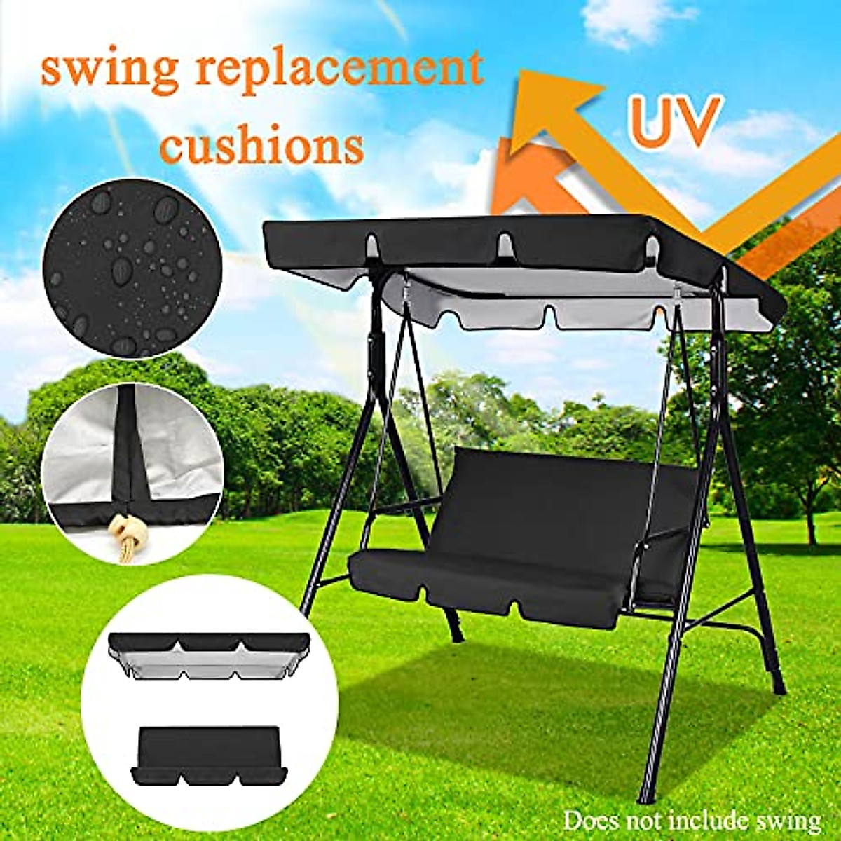 Waterproof Outdoor Swing Cushions Replacement Set Swing Cushion Cover, Including Canopy, Swing Replacement Canopy 3 Seater for Patio Garden and Yard