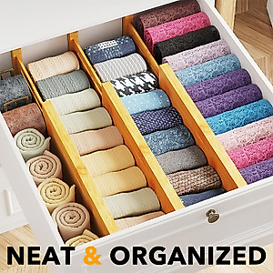 SpaceAid Bamboo Dresser Drawer Dividers 6 Pack, 4.65“ High Adjustable 12.5“-17” Drawer Organizers, Expandable Organization for Clothing, Clothes, Dressers, Natural