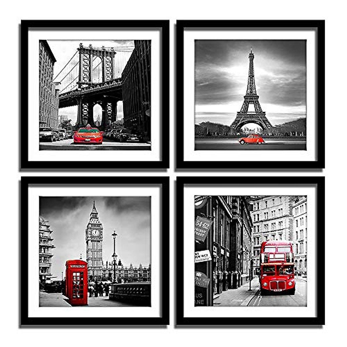 ENGLANT 4 Pieces Framed Canvas Wall Art, Black White and Red Wall Decor Landscape Poster with Eiffel Tower, Brooklyn Bridge, London Big Ben Picture for Bedroom and Bathroom
