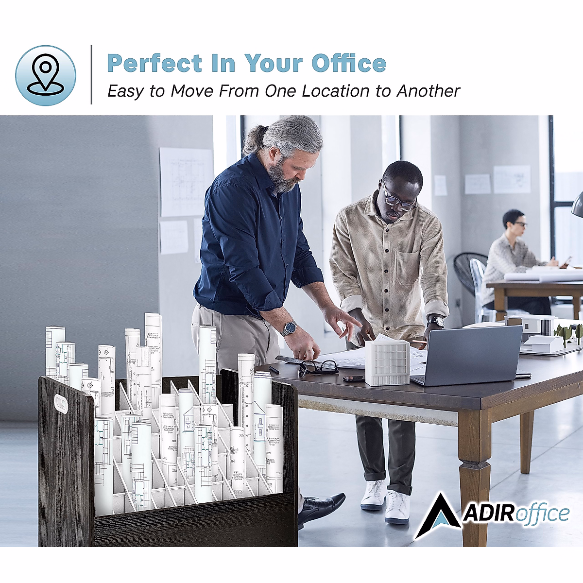 Adir Mobile Blueprint Roll File Holder - Mobile Roll File Organizer Cart for Home Office or School. 50 Slots Blueprint File Holder with Wheels for Maps, Plans, Posters