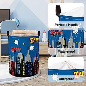 Clastyle 45L Large Blue City Hero Skyline Kid Laundry Hamper with Handle Comic Hero Building Silhouettes Clothes Toy Boys Basket with Lid for Nursery