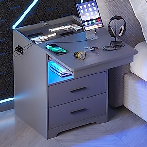 Gurexl LED Nightstand with Gun Drawer, Modern Beside Table with Charging Station, Auto Sensor 3 Color Dimmable Night Stand with Open Compartment for Bedroom (Grey)