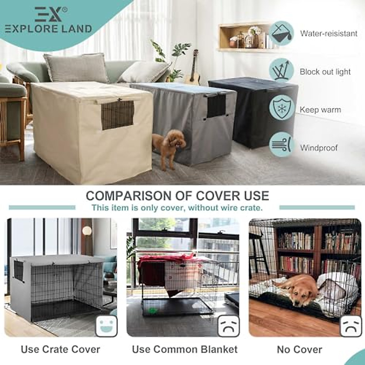 Explore Land 42 inches Dog Crate Cover - Durable Polyester Pet Kennel Cover Universal Fit for Wire Dog Crate (Gray)