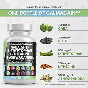 Clean Nutraceuticals GABA 750mg 5 HTP 200mg L Tryptophan 500mg L Theanine 200mg Ashwagandha 3000mg SAM-e L-Glycine - Mood Support Vitamins for Women and Men with L-Tyrosine - Count