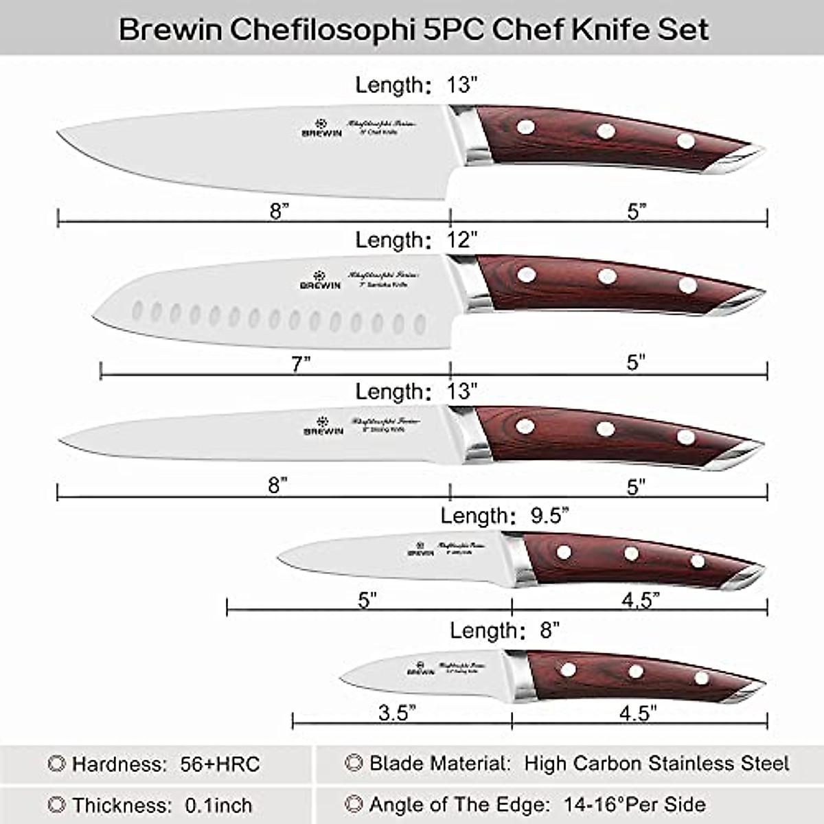 Brewin CHEFILOSOPHI Chef Knife Set 5 PCS with Elegant Red Pakkawood Handle Ergonomic Design,Professional Ultra Sharp Kitchen Knives for Cooking High Carbon Stainless Steel Japanese Chef's Knife