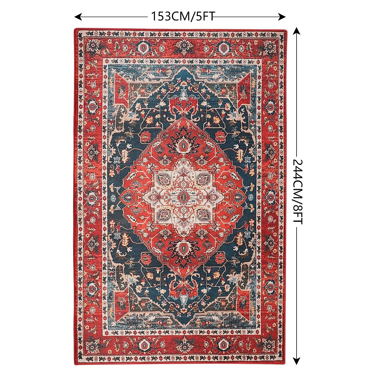 Comeet Area Rug Living Room Bedroom Rug, Washable Vintage Anti Slip Floor Carpet for Dining Home Red/Blue, 5'x8'
