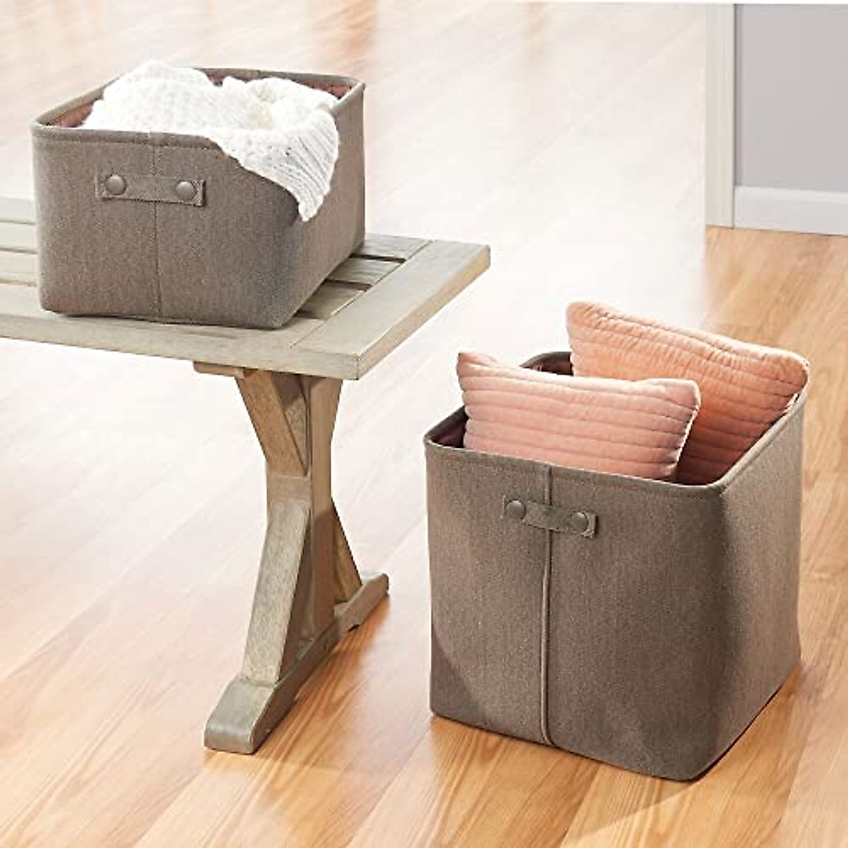 mDesign Soft Cotton Fabric Bathroom Storage Bin with Handles - Organizer for Towels, Toilet Paper Rolls - for Closets, Cabinets, Shelves - Textured Weave, 2 Pack - Espresso Brown