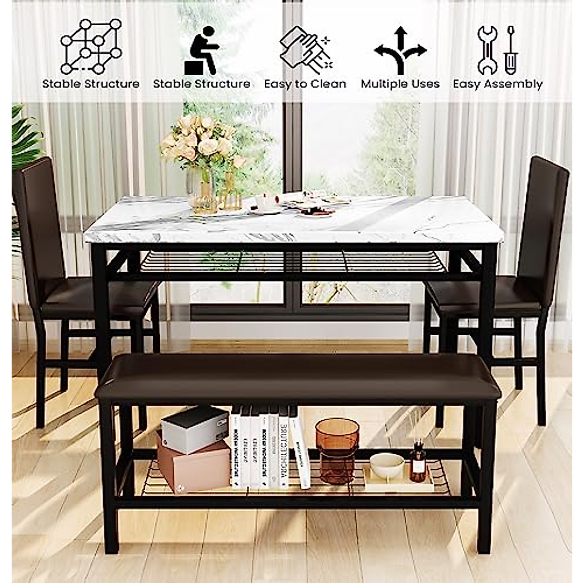 Lamerge Kitchen Table and 2 Chairs for 4 with Bench,Faux Mable Dining Table Set for 4 w/Storage Rack,Dining Room Table Set Dinner Table for Small Spaces, Apartment,White+Brown