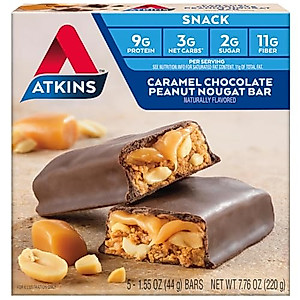 Atkins Caramel Chocolate Peanut Nougat Snack Bar, Protein Snack, High in Fiber, 2g Sugar, Keto Friendly, 5 Count