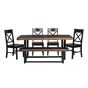 Walker Edison Barnes 6-Piece Rustic Metal and Wood Dining Table with X-Back Chairs, Set of 6, Mahogany/Black